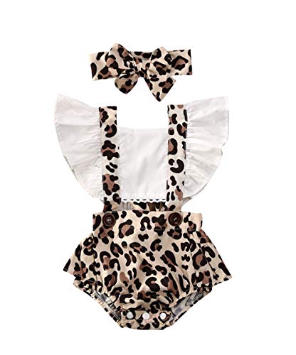 2Pcs Newborn Baby Girl Leopard Ruffles Sleeve Bodysuits Jumpsuit Headband Clothes Romper Set (A-Leopard, 0-6 Months)