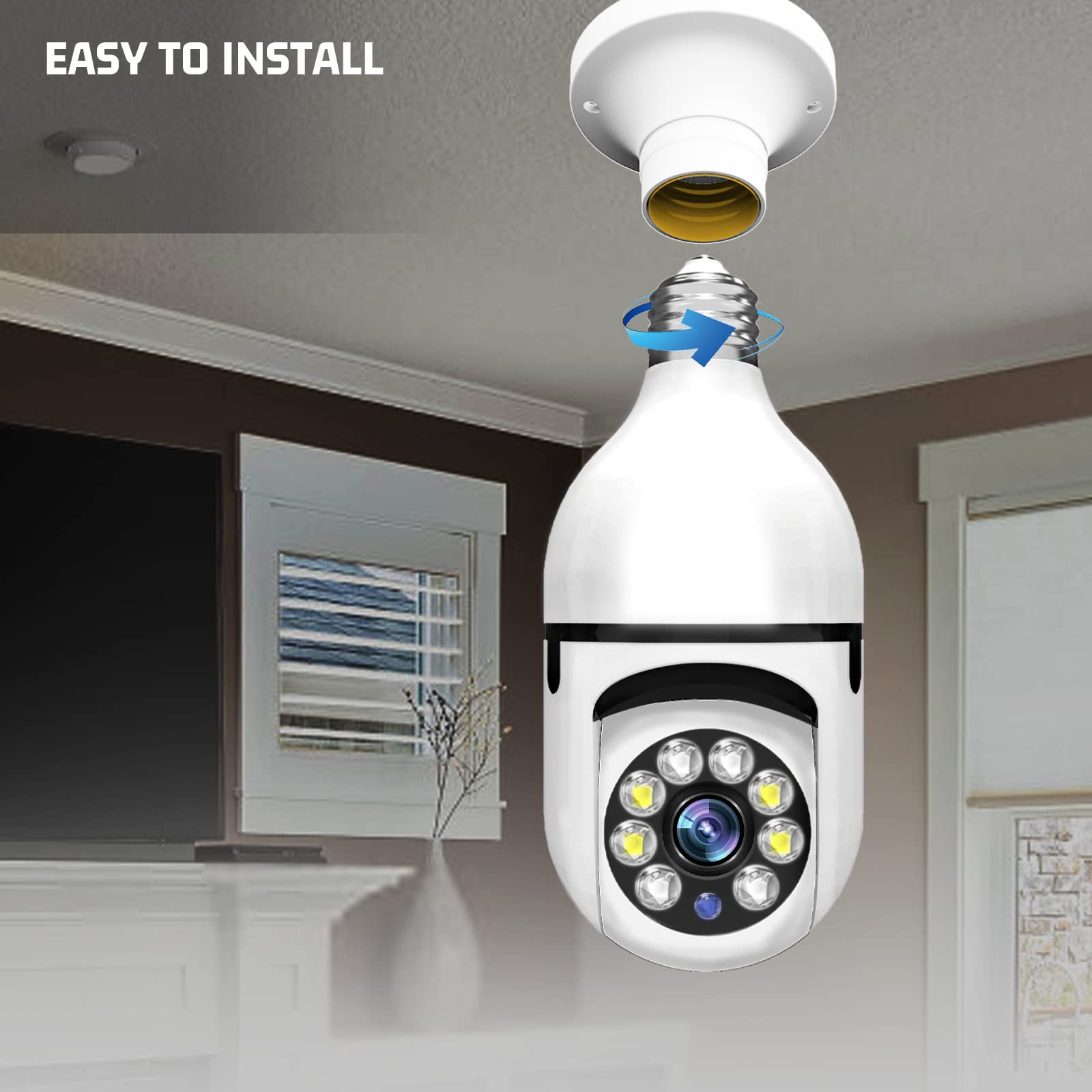 1080P Light Bulb Camera - 360 Degree Security Camera Wireless Outdoor & Indoor - Wifi Home Camera with APP for Phone - Light Socket Monitor with Motion Detection and Alarm/ Two-Way Audio/ Night Vision