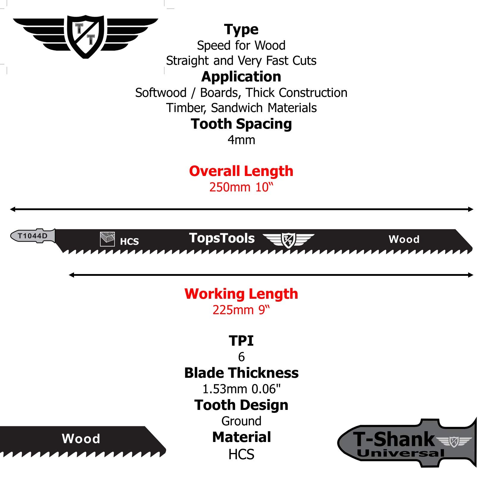5 x TopsTools JSTT1044D T1044D 10" (250mm) Long Clean and Fast Cuts Wood Cutting Jigsaw Blades Compatible with Bosch, Dewalt, Makita, Milwaukee and many more