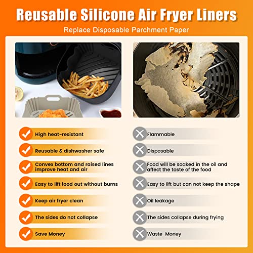 Air Fryer Liners β Durable Air Fryer Silicone Liners β Air Fryer Liners Square with Practical Handles β Dishwasher and Oven Friendly Silicone Air Fryer Basket β 2pcs (Black+Grey)