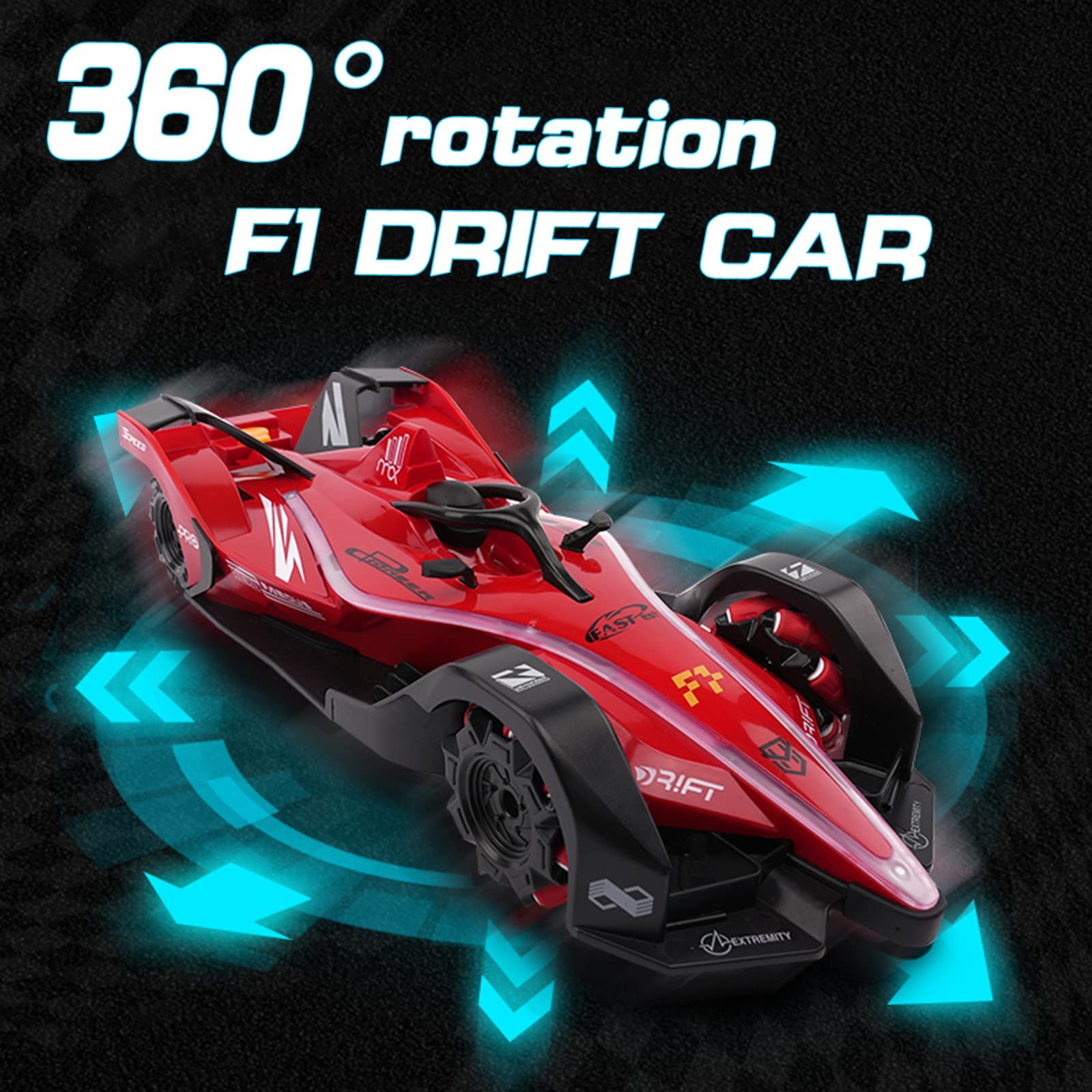Agekub F1 Remote Control Car Drift RC Stunt Car for Kids 360°Rotating 2.4GHz Race Car Lights Music Spray Hand RC Car Gift for Boy Kids with 2 Batteries