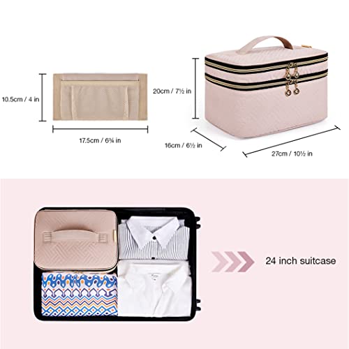 BAGSMART Makeup Bag, Double-Layer Makeup Case with Acrylic Mirror Cosmetic Organizer Bag Train Case for Makeup Brushes Palettes Sponge Toiletries, Pink