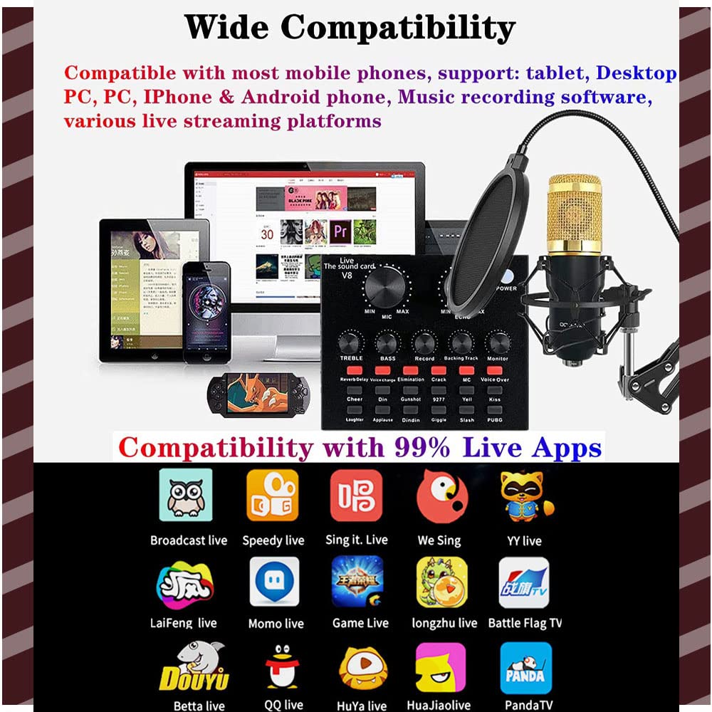 11Pcs Podcast Equipment Bundle Professional Recording Microphones & Accessories with Live Sound Card Podcast Kit for Streaming Podcasting Recording(BM-800)