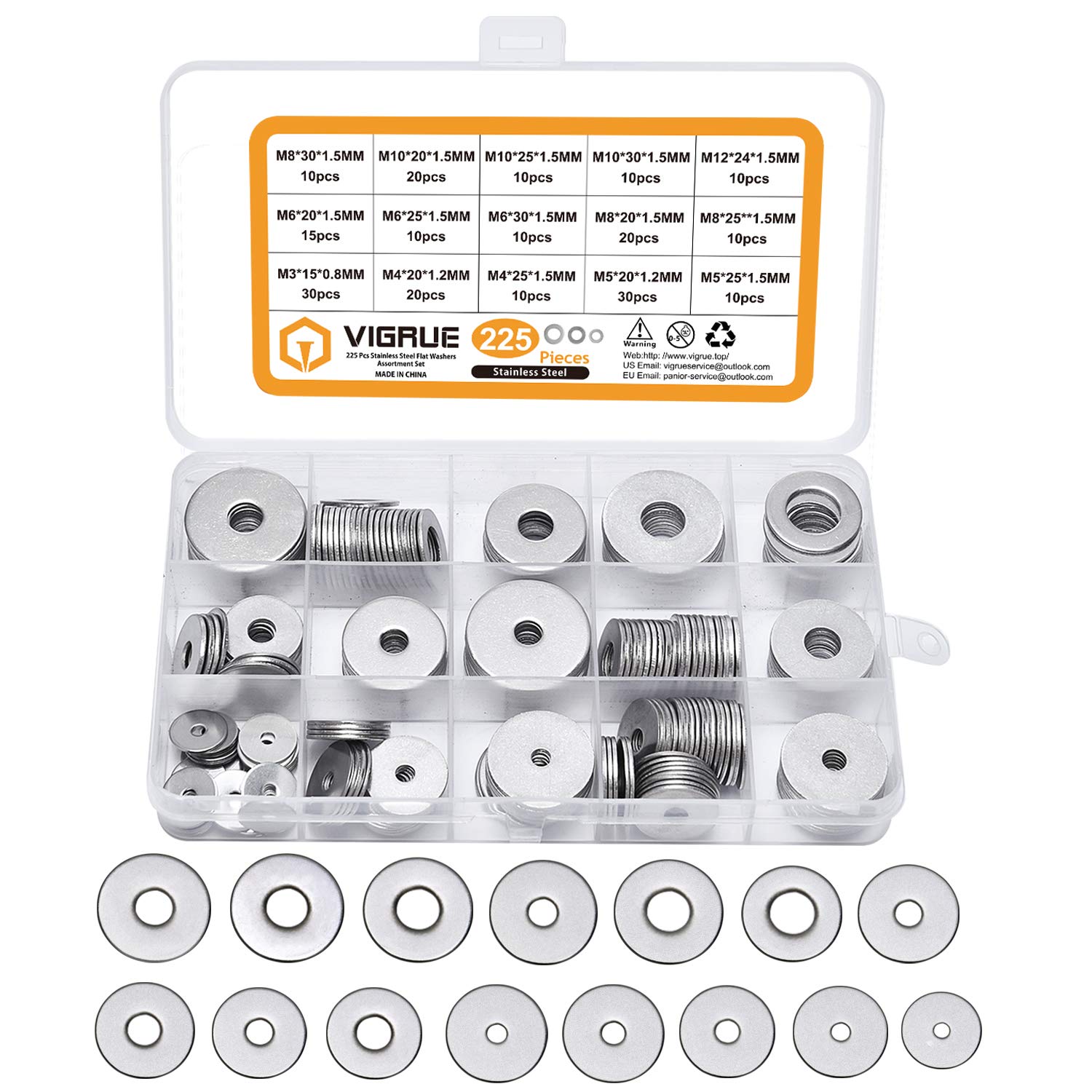 VIGRUE 304 Stainless Steel Flat Washers Set Washers Hardware Assortment 225 Pieces -15 Sizes M3 M4 M5 M6 M8 M10 M12