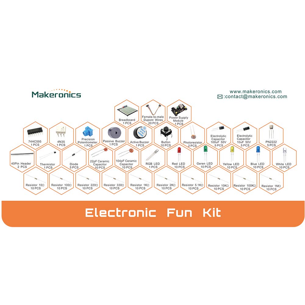 Makeronics Electronics Fun Kit with 3220 Solderless Breadboard| Power Supply Module| Precision Potentiometer |140 pcs U-Shape Jumpers|65 pcs Wires and more for Prototyping Circuit/Arduino/Raspberry Pi