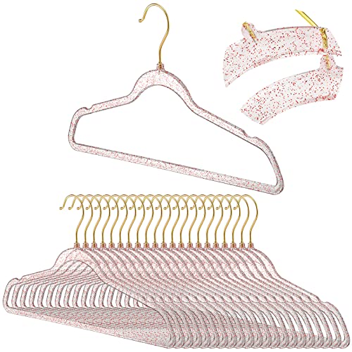 20 Pcs Clear Acrylic Hangers Plastic Glitter Coat Hanger Non Slip Space Saving Suit Hangers Heavy Duty Clothes Hanger with Non Slip Notches (Pink and Gold)