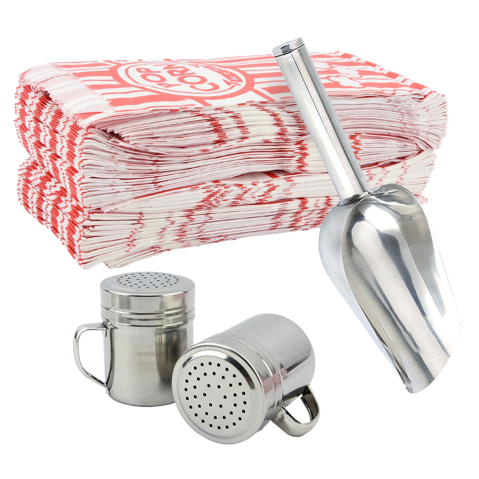 203 PCS Popcorn Machine Supplies Set, 200 PCS Popcorn Paper Bags with Popcorn Scoop, 2PCS Season Salt Shaker, Popcorn Supplies for Popcorn Machine