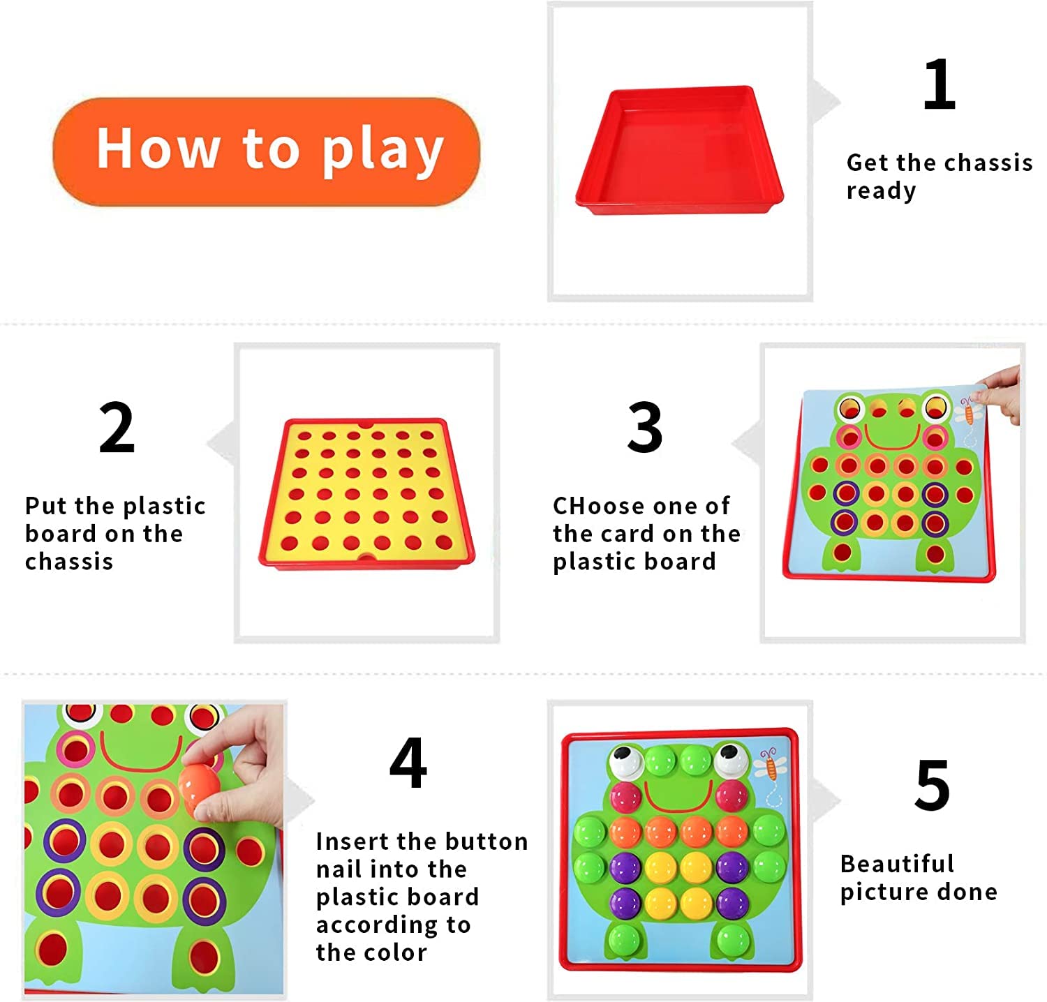 58 Pcs Button Art Toys for Toddlers,Toddler Activities Crafts for Toddlers 2-4 Years,Color Matching Mosaic Pegboard Early Learning Educational Toys,Include 12 Pictures and 46 Buttons with Box