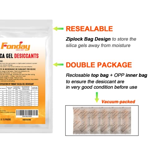 20Gram [15 Packets] Fonday Rechargeable Silica Gel Desiccant Packets Food Grade Fast Reactivate Desiccant Bags Moisture Indicating Orange to Green