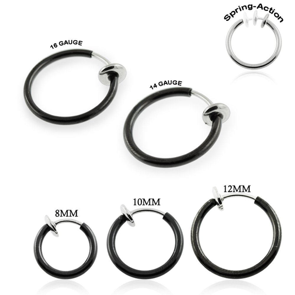 14 Gauge (1.6MM) -12mm Diameter Black Anodized 316L Surgical Steel Non-Piercing Spring Action Fake Nose Ring