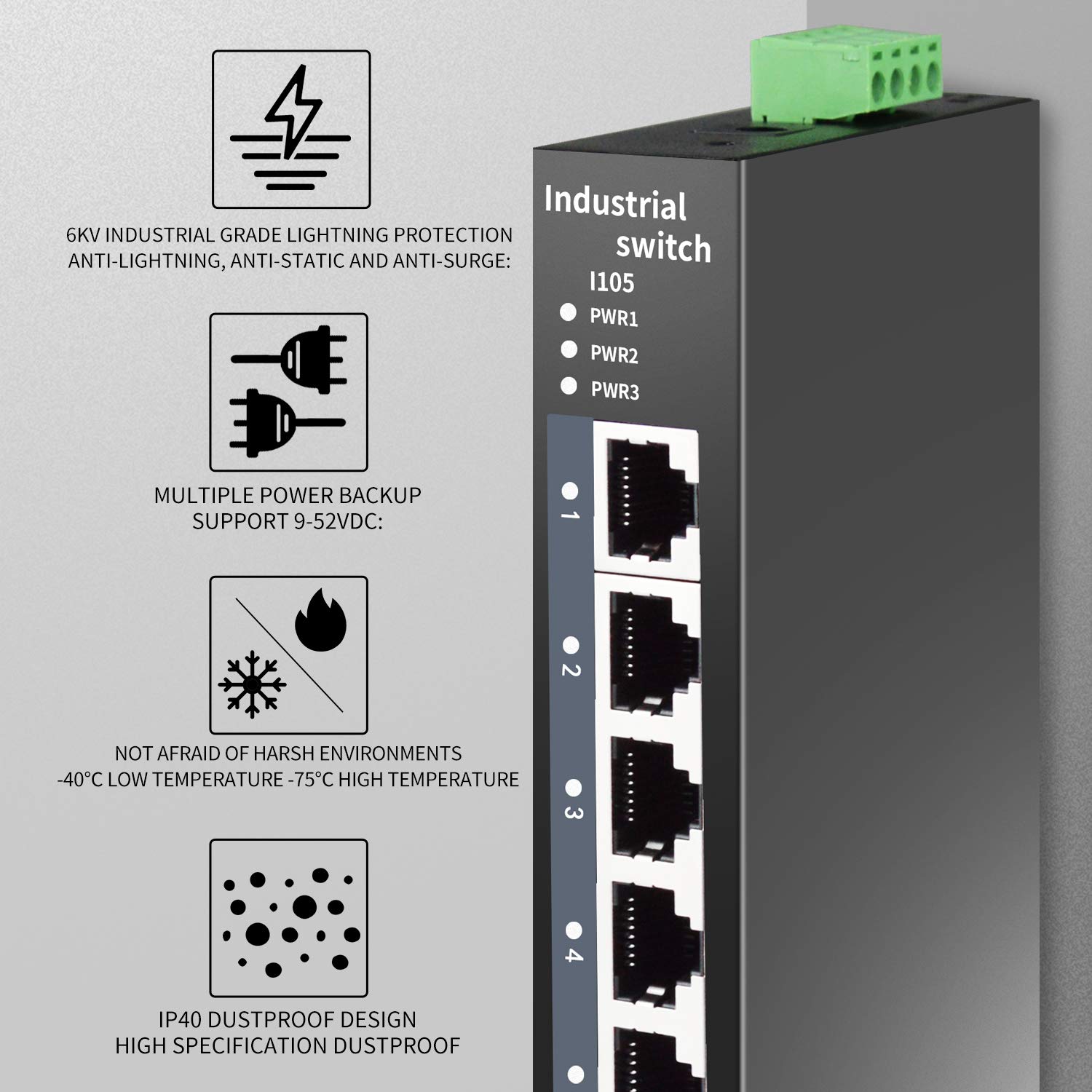 5-Port Hardened Industrial DIN-Rail Switch Network Switch (-40 to 70 ºC),5 x 100Mbps Ports,1Gbps Switching Capacity,DIN-Rail Included, Lifetime Protection