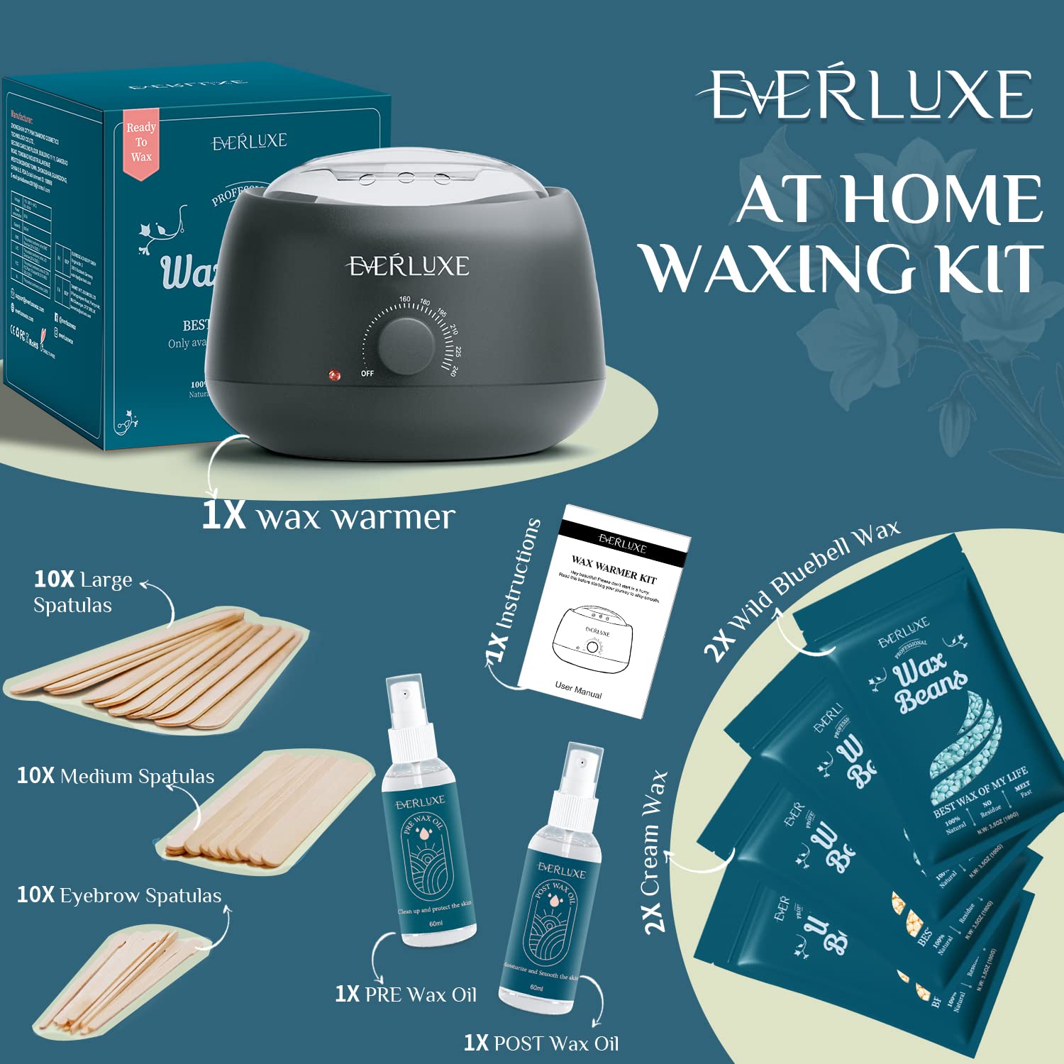 Waxing Kit for Women Men , EVERLUXE Wax Warmer Hair Removal Kit , Hard with 4 Packs of Beads , Beads All Types , Legs , Face , Eyebrows , Bikini