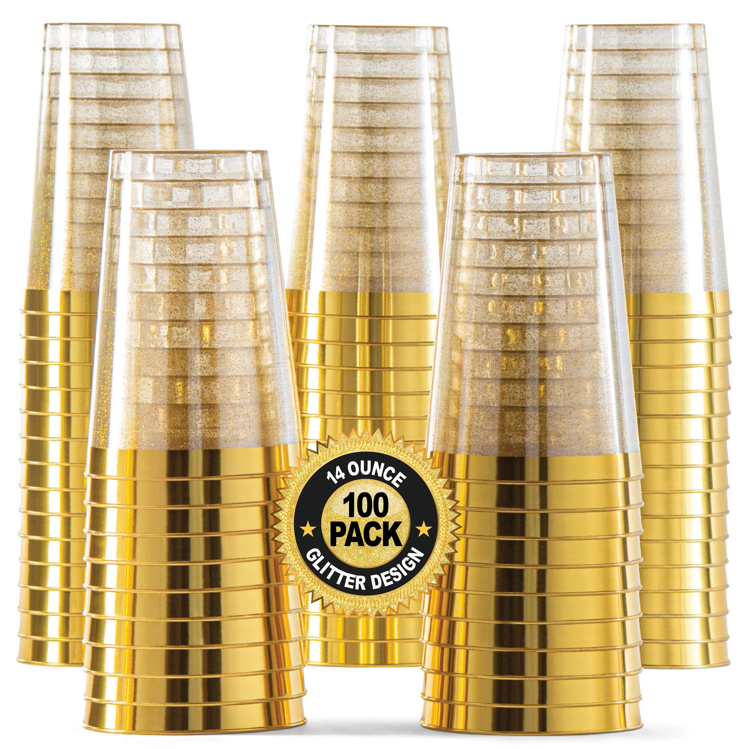 100 Gold Plastic Cups 14 Oz Gold Glitter with a Gold Rim - Premium Disposable Party Cups - Elegant and Classy Sturdy Cups - Weddings Birthdays Anniversaries and Other Social Events