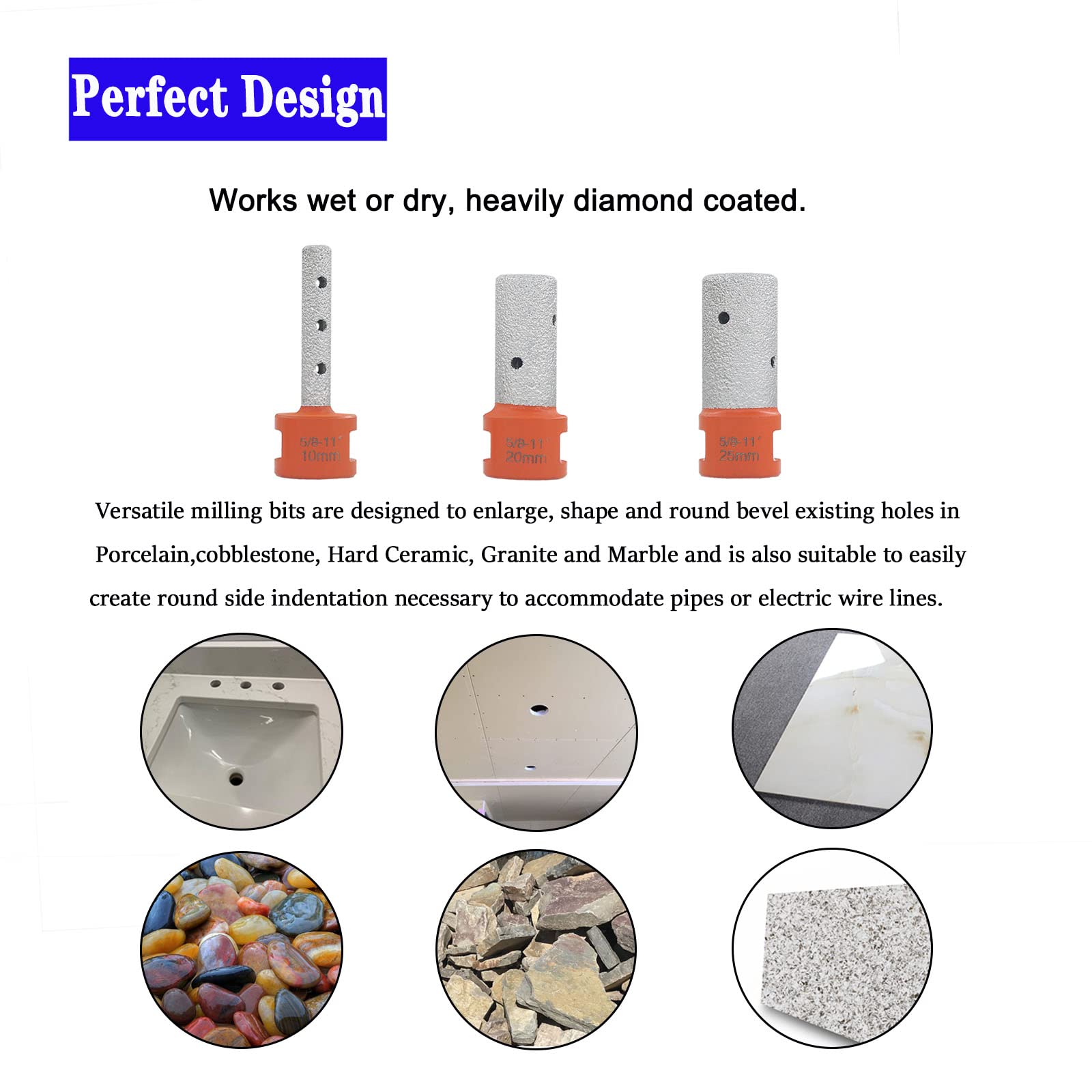 20mm Diamond Finger Milling Bits for Tile Enlarging and Trimming Existing Holes in Ceramic Hard Ceramic Granite and Marble 5/8"-11 Thread