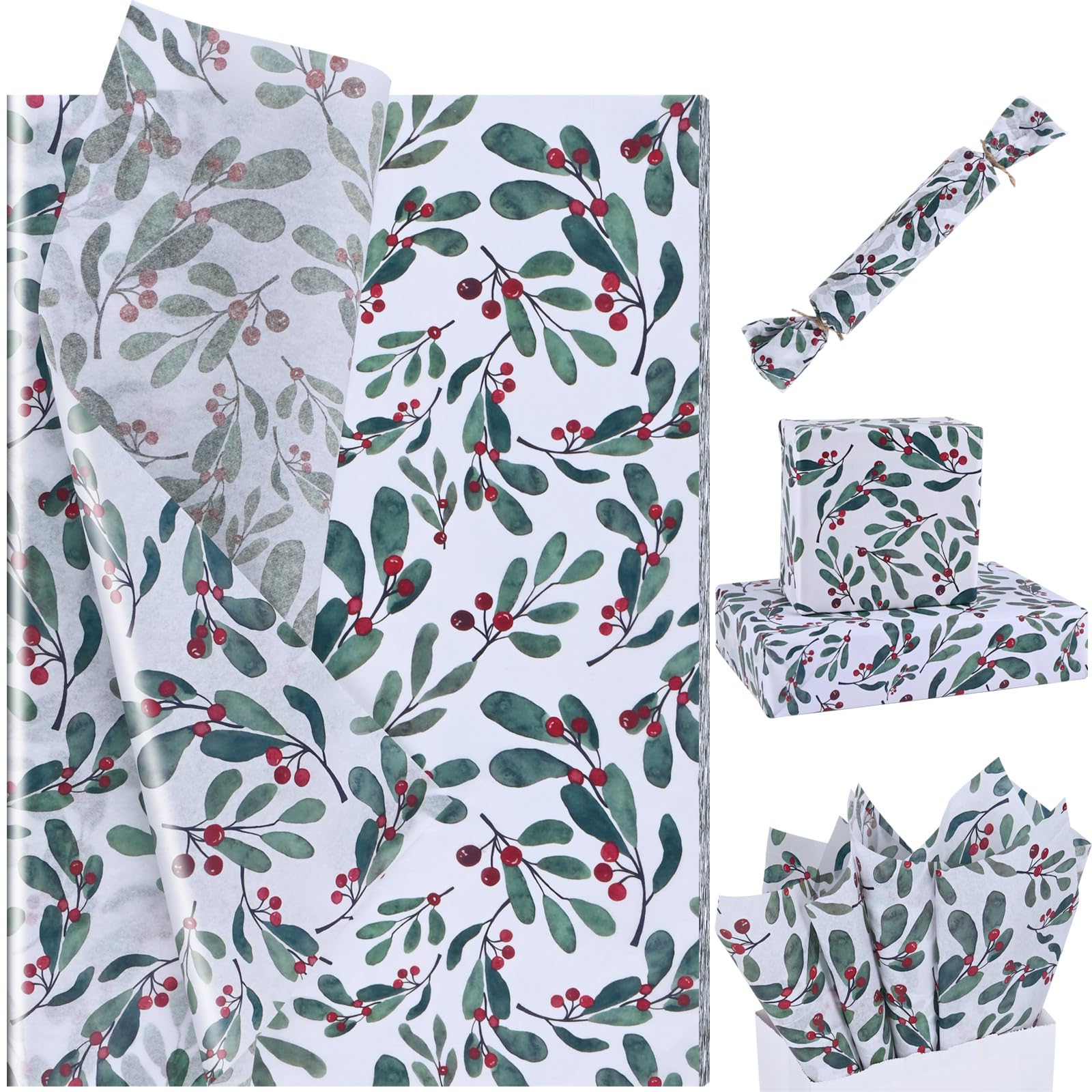 100 Sheets 20 * 14 Inches Christmas Tissue Paper for Gift Bags, Holly Berry Printed Tissue Paper for Gift Wrapping, Xmas Decorative Tissue for Birthday Wedding Winter Holidays DIY Craft