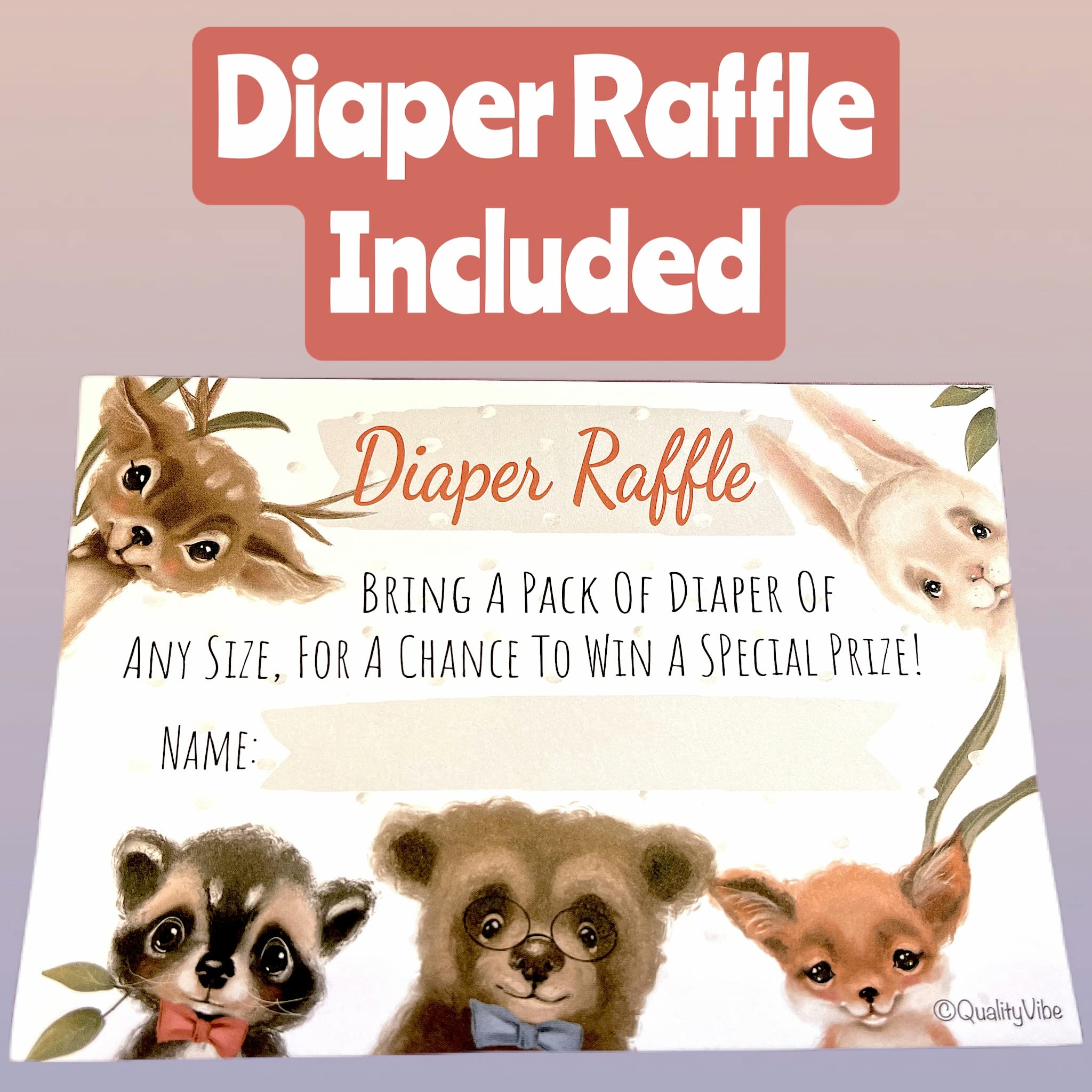 Baby Shower Invitations Woodland Creatures For Baby Boy or girl. Set Includes 25 Invites, 25 Baby Book Inserts, 25 Diaper Raffle & 25 Envelopes. Watercolor Design Bear, Racoon, Deer, Rabbit & Fox.