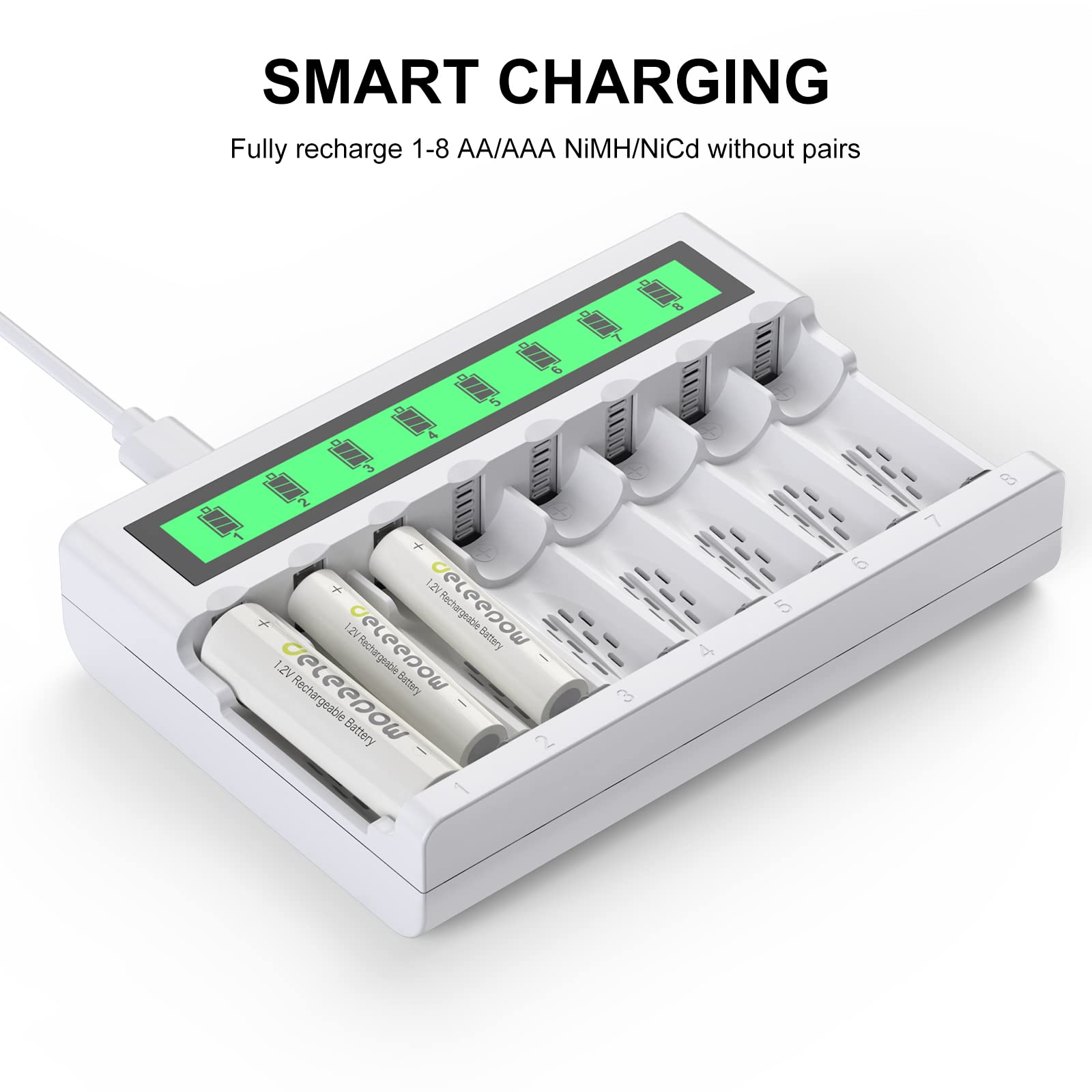 Deleepow Rechargeable AA Batteries High Capacity 3300mAh AA Battery 1.2V 8-Pack Double A Batteries with 8-Bay LCD Individual Charger