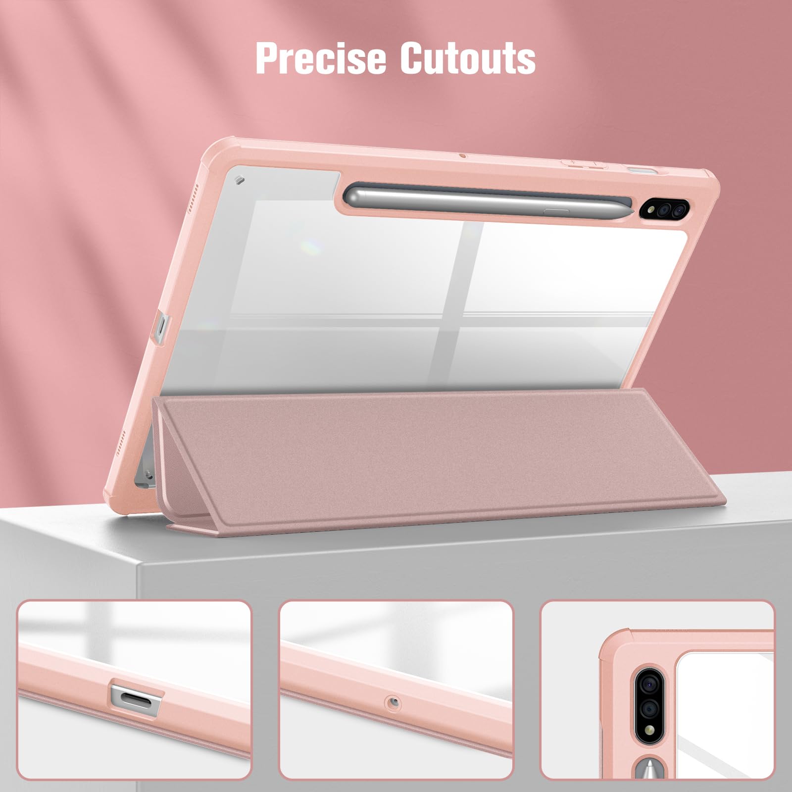 Fintie Hybrid Slim Case for Samsung Galaxy Tab S8/Tab S7 11 Inch (Model SM-X700/X706/T870/T875/T878) with S Pen Holder, Shockproof Cover with Clear Transparent Back Shell, Rose Gold