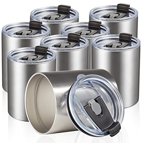 MEWAY 12oz/8Pack Coffee Mug With Lid, Insulated Stainless Steel Reusable Coffee Cup, Double Wall Durable Coffee Mug, Powder Coate,For Coffee, Beer, Home, Office(Silver,8 Pack)