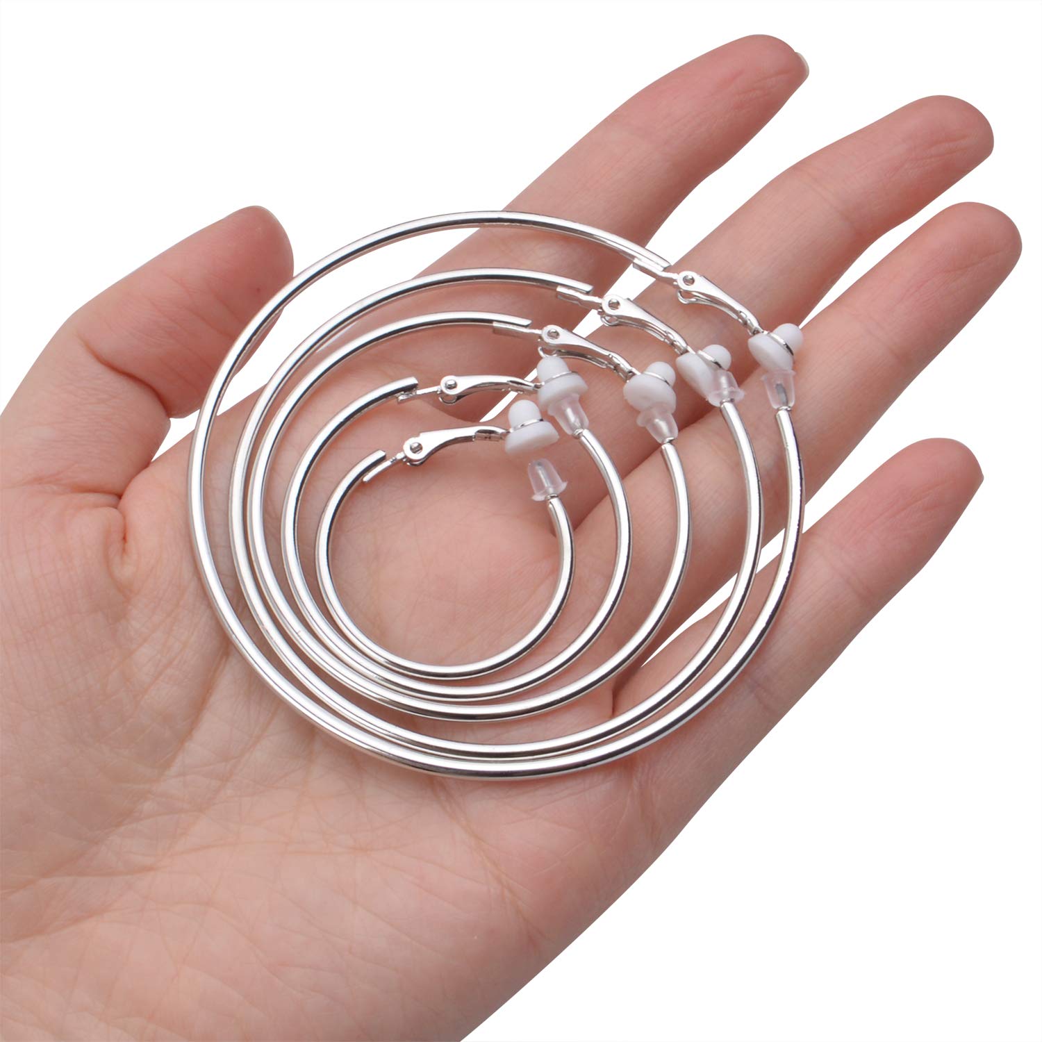 5 Pairs Silver Clip on Earrings Hoop Non Piercing Women Clip Earrings for Women, 5 Sizes