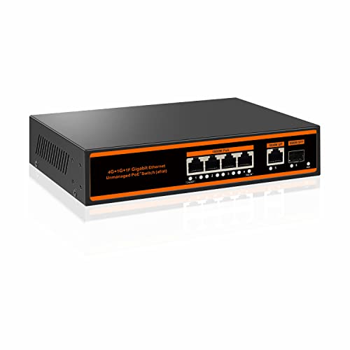 YIDUOYUNCAI 5 Port Gigabit PoE Switch,4*1000Mbps PoE Port+1 Uplink Gigabit Port,1*1000Mbps SFP Slot,150W,802.3af/at,Metal Fanless,VLAN,Unmanaged Plug and Play