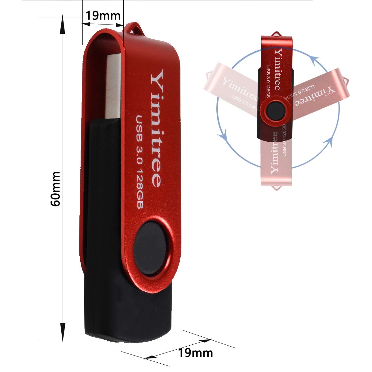 128GB USB 3.0 Flash Drive, Ymitree Pen Drive Thumb Drive Pendrive Rotate 360 Degrees USB Memory Stick Jump Drive (Red)