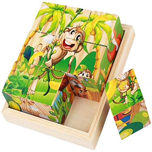 elecnewell Wooden Cube Puzzle with Storage Tray - 6 Puzzles in 1 (9 pcs)