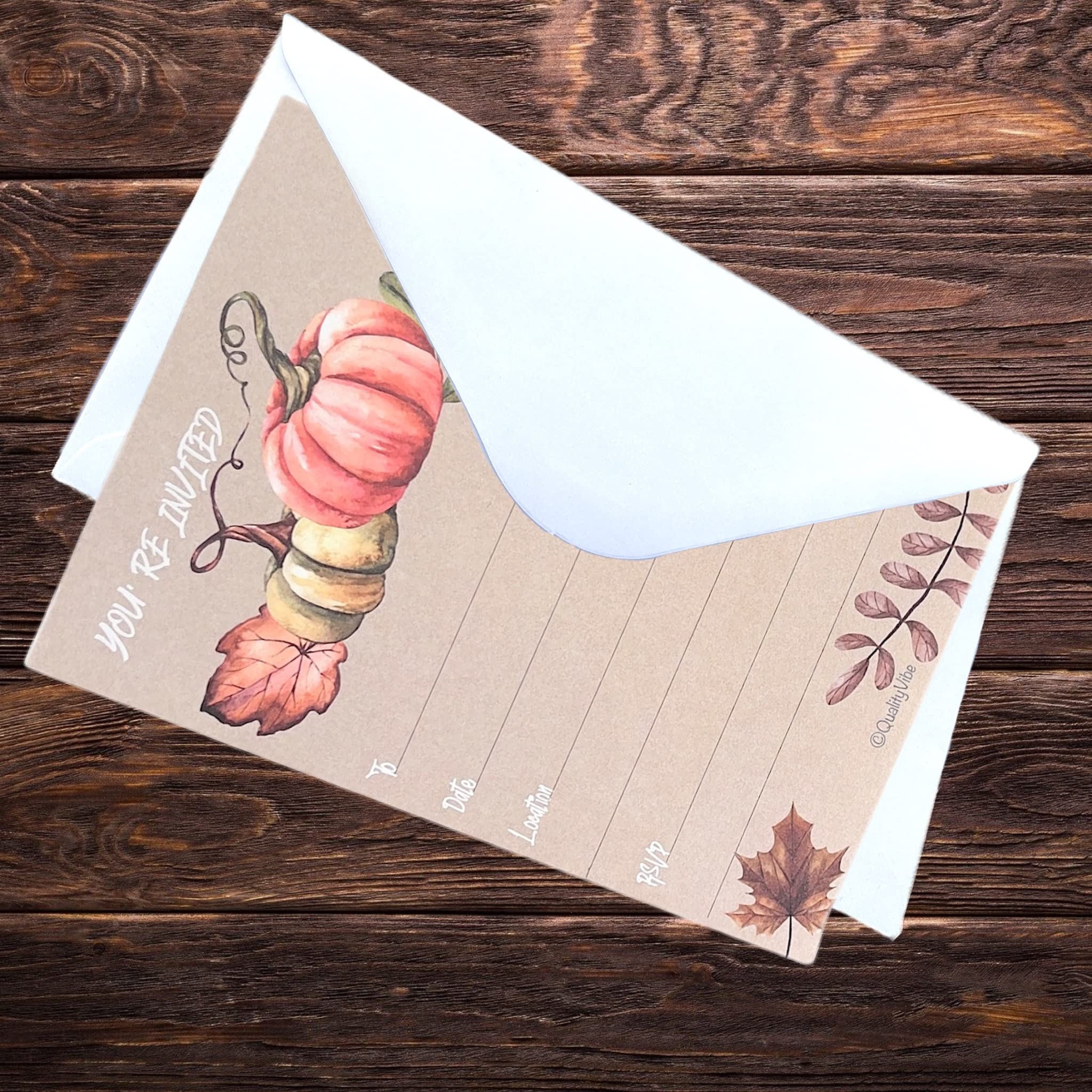 25 Pumpkin Fall Invitations With Envelopes, Bridal Shower, Thanksgiving & Halloween. Thick & Non Coated Cardstock For Use With Any Pen.