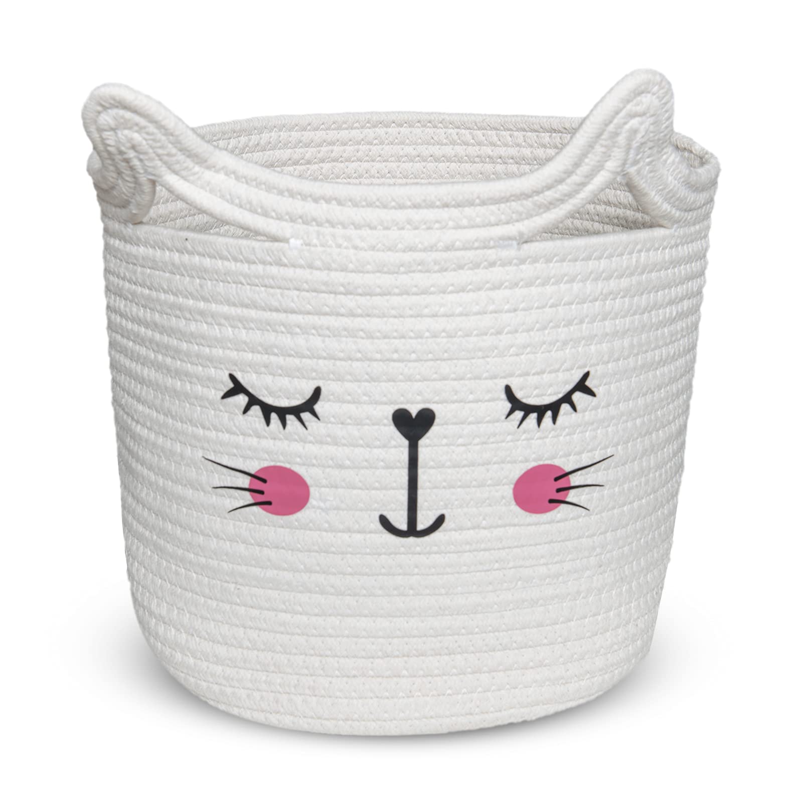 Bigepige Cat Decorative Baby Toy Storage Basket with Handle, Cotton Rope Blanket Basket for Cat Lovers Gift, Stuffed Animal Storage Bin, Cute Kids Laundry Nursery Hamper Organizer (White3, Medium)