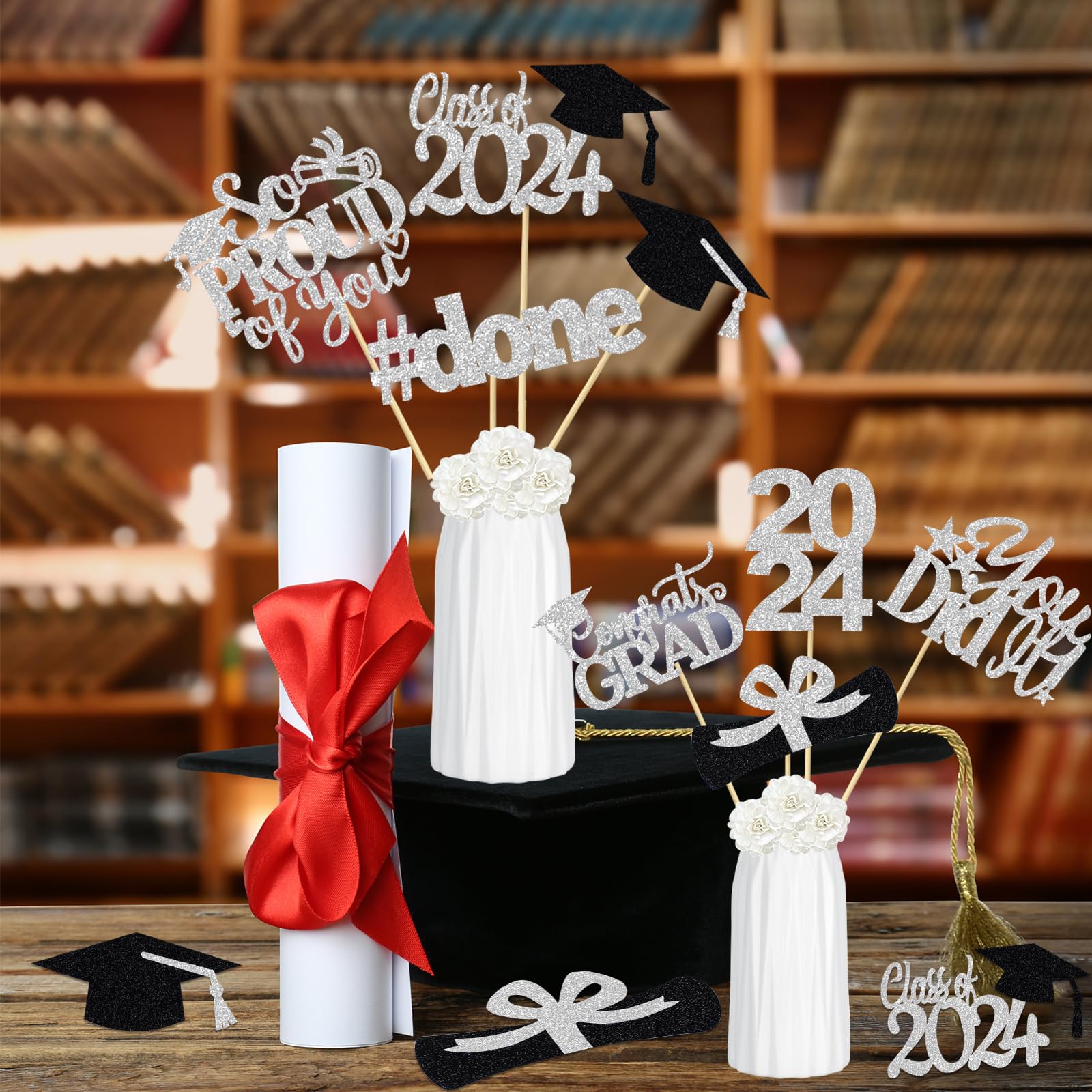 24 Pcs Graduation Centerpieces 2024 Silver, Graduation Centerpieces for Tables 2024 Silver Graduation Centerpiece Sticks for Graduation Party Decorations 2024 Silver