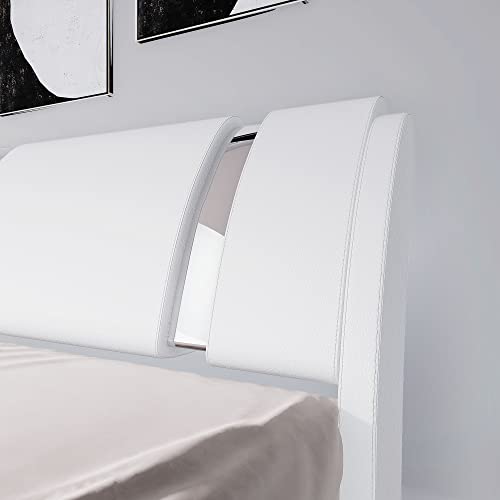 Allewie Queen Size Platform Bed Frame with Iron Piece Decor, Faux Leather Upholstered Bed with Curved Adjustable Headboard, Wooden Slats Support, No Box Spring Needed, Modern Style, White