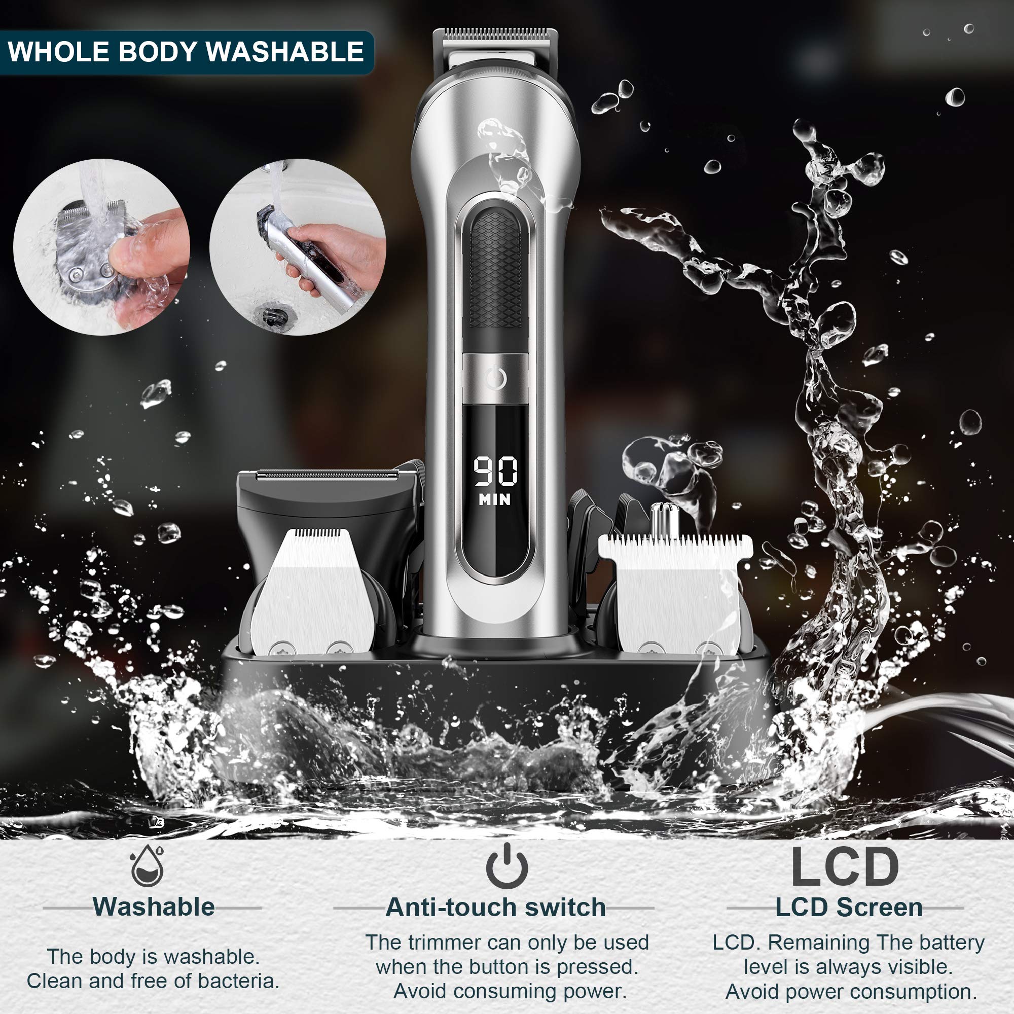 Hatteker Beard Trimmer for Men Hair Clipper Cordless Mustache Nose Trimmer Body Groomer Hair Cutting Kit Precision Trimmer USB Rechargeable Waterproof 5 in 1(Silver)