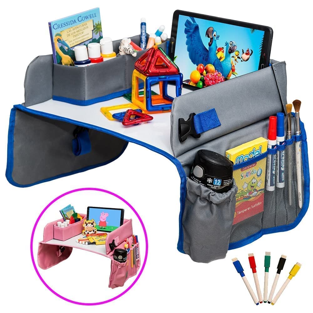 ADVO Kids Travel Tray Car Seat - Activity and Play Tray Organizer for Children and Toddlers, Lap Desk with Tablet Phone Holder, Waterproof and Foldable Whiteboard (Grey)