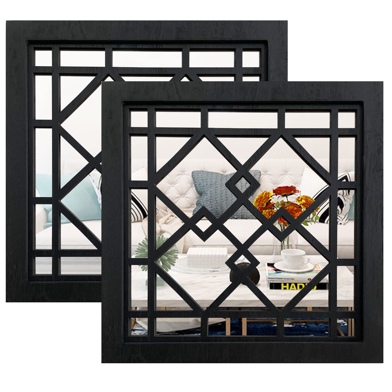 2Pcs Square Wall Mirror Rustic Farmhouse Accent Mirrors with Wood Frame Vintage Home Décor for Entry Bedroom Bathroom Dresser Hallway