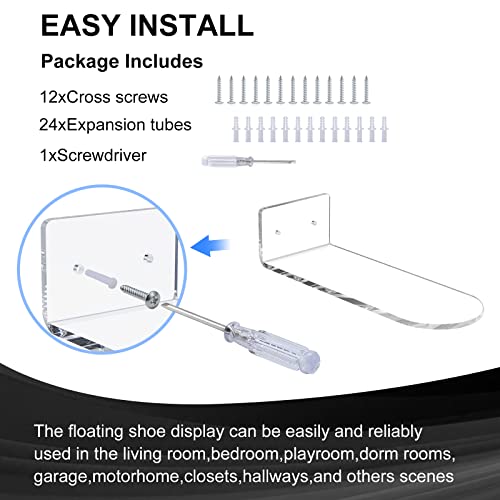 Acrylic Floating Clear Sneaker Shelves Wall Mount Set of 6 for Shoe Display,Floating Shoe Display Shelves for Bedroom, Gaming Room, Living Room,entrance hall