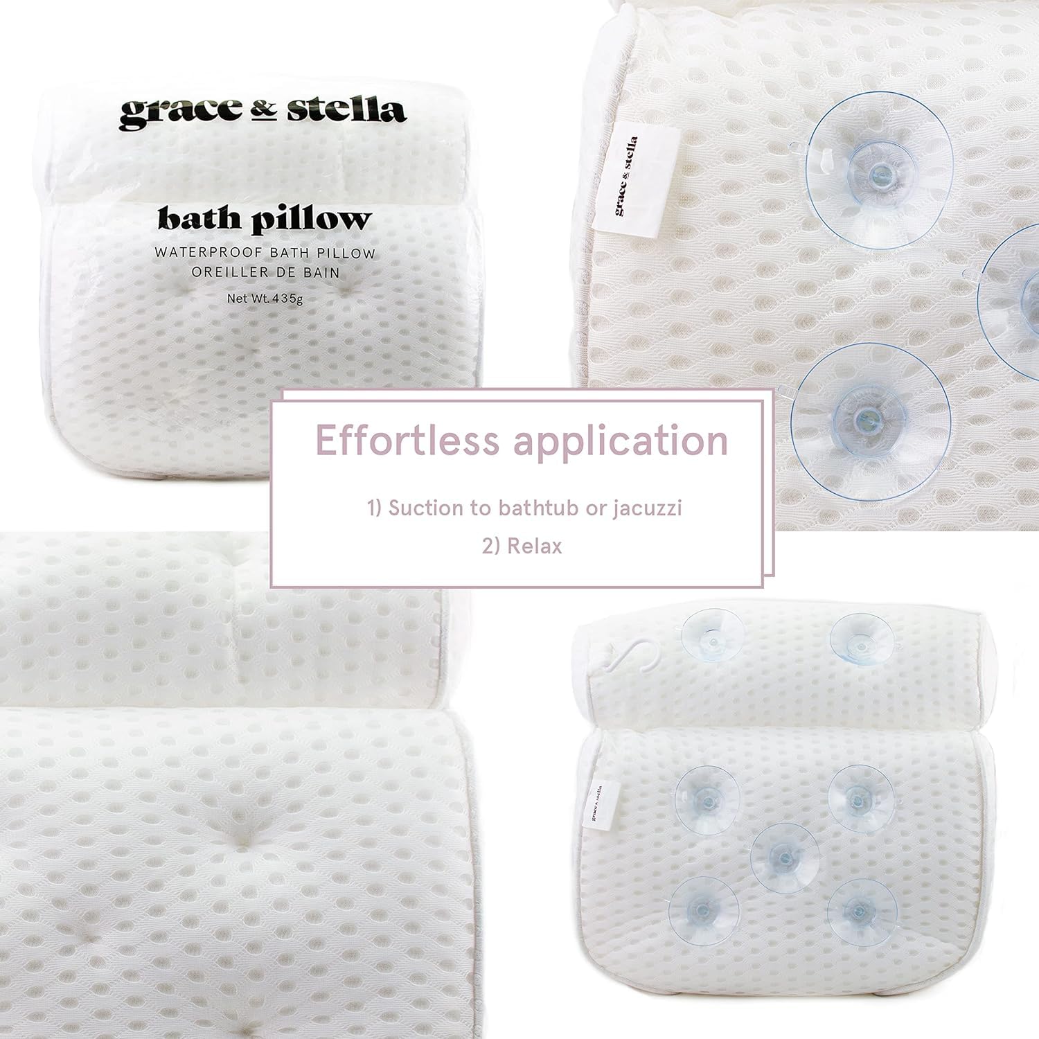 Bath Pillow - Extra Comfortable Cushioned 4D Bathtub Pillow - Bath Pillows for Tub, Jacuzzi, Hot Tub Pillow for Back and Head and Neck Support by Grace and Stella