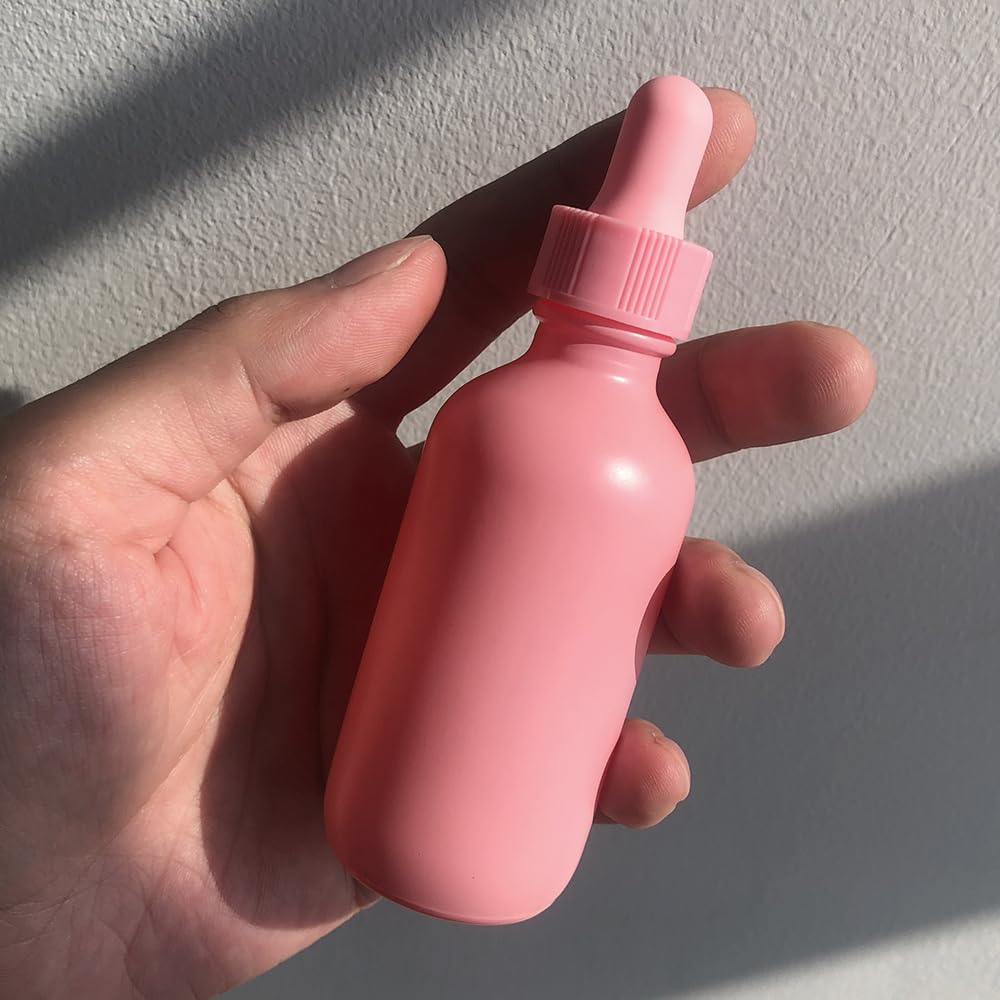 seafulee 2 oz Pink Coated Glass Dropper Bottles (60ML) with Glass Eye Dropper, UV Safe Bottles for Essential Oils and Aromatherapy (Pack of 12)