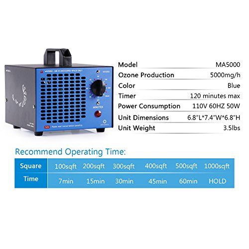 AIRTHEREAL MA5000 Commercial Ozone Generator, 5000mg/h O3 Machine Home Air Ionizers Deodorizer for Rooms, Smoke, Cars and Pets, Blue