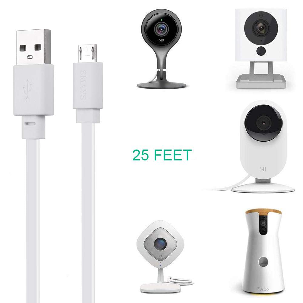 Smays 3-Pack 25 ft Micro USB Extension Cable Compatible with Wyze Cam v4, Wyze Cam Pan v3, Yi Cam, Nest Cam, Blink Mini Security Camera, Long Flat Power Cord, White