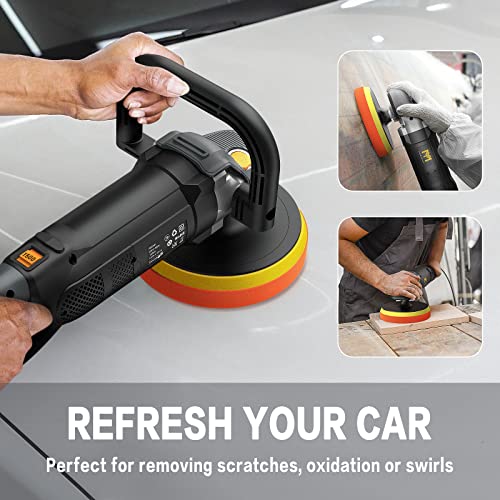1500W Buffer Polisher, 180mm Rotary Car Polisher Machine Polishing Waxer Kit for Car Detailing with 6-Level Speed,D & Side Handle,4 Foam Pads, 2 Carbon Brushes and 10 Sandpapers