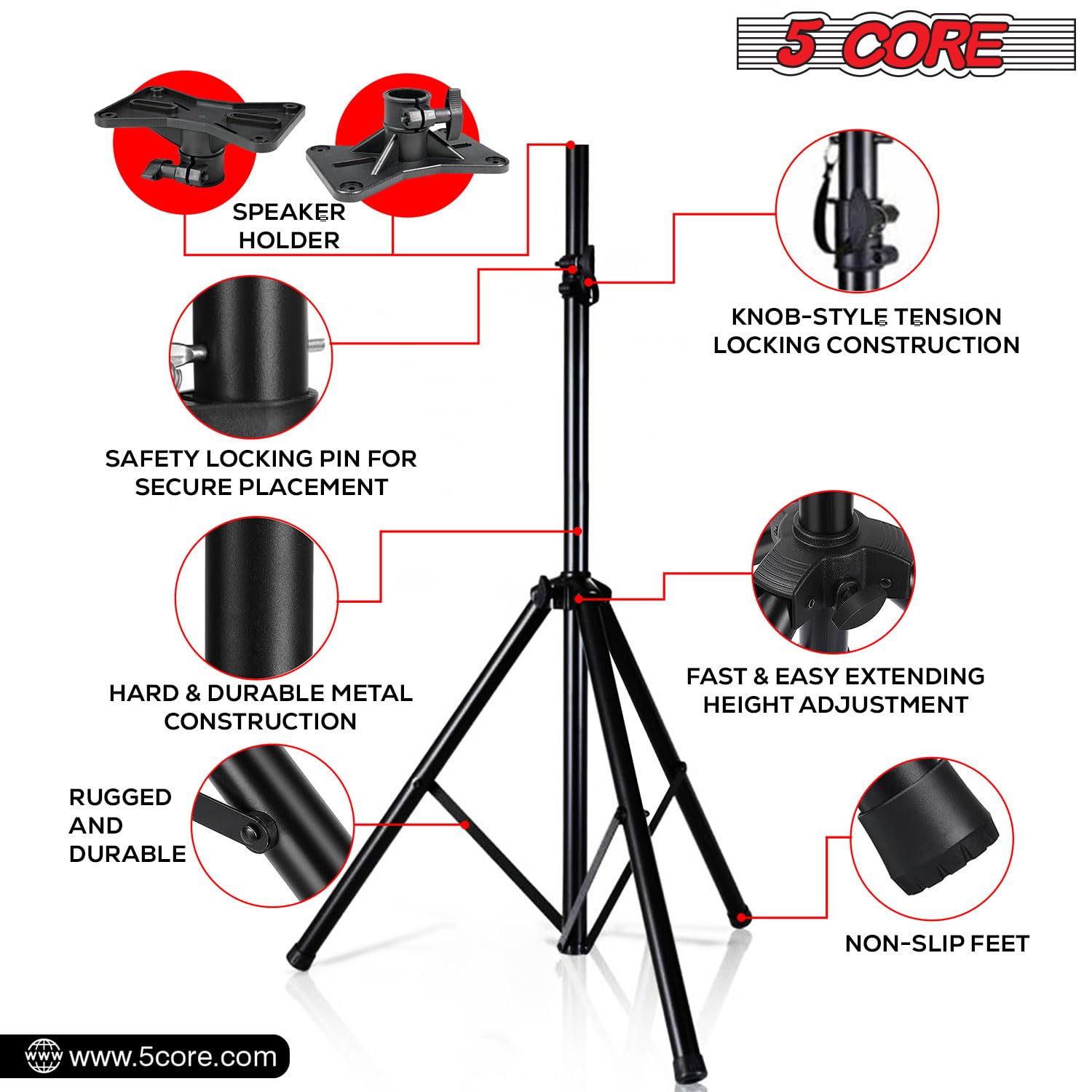 5 Core Speaker Stand Pair Tripod Floor Heavy Duty Adjustable Up to 72 Inch DJ Studio Monitor Stands Pole Mount - SS HD 2PK BLK Bag