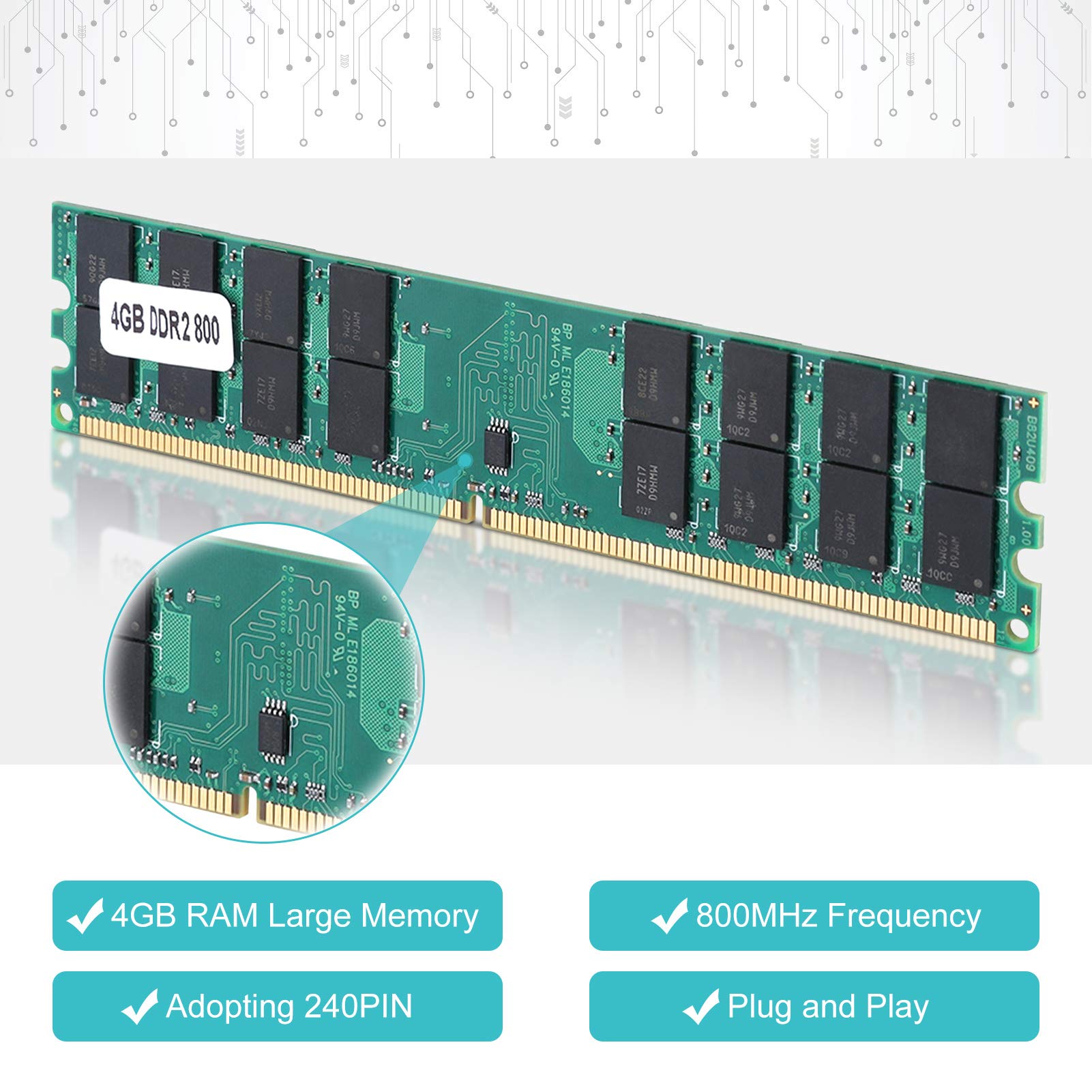 DDR2 Ram, 4GB 800MHz PC2-6400 DDR2 RAM 240-Pin 1.8V, DDR2 Memory Module for Desktop Computer Memory Module