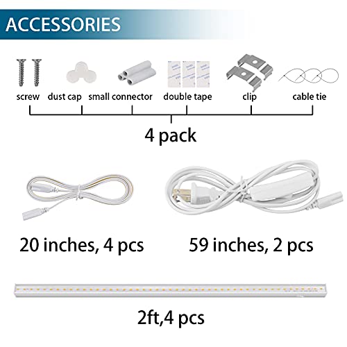 Barrina Grow Lights for Indoor Plants, Full Spectrum Sunlight, 2ft 40W (4 x 10W, 250W Equivalent), LED Bulbs, T5 Grow Lights, Plug and Play, Pinkish White, 4-Pack