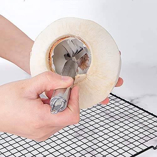 11 Pieces Coconut Opener Tool Set, Include 1 Coconut Opener Tool with Black Rubber Handle, 1 Stainless Steel Coconut Meat Removal Knife, 1 Straight St, 2 Bent Sts, 1 Cleaning Brush and 1 Bag