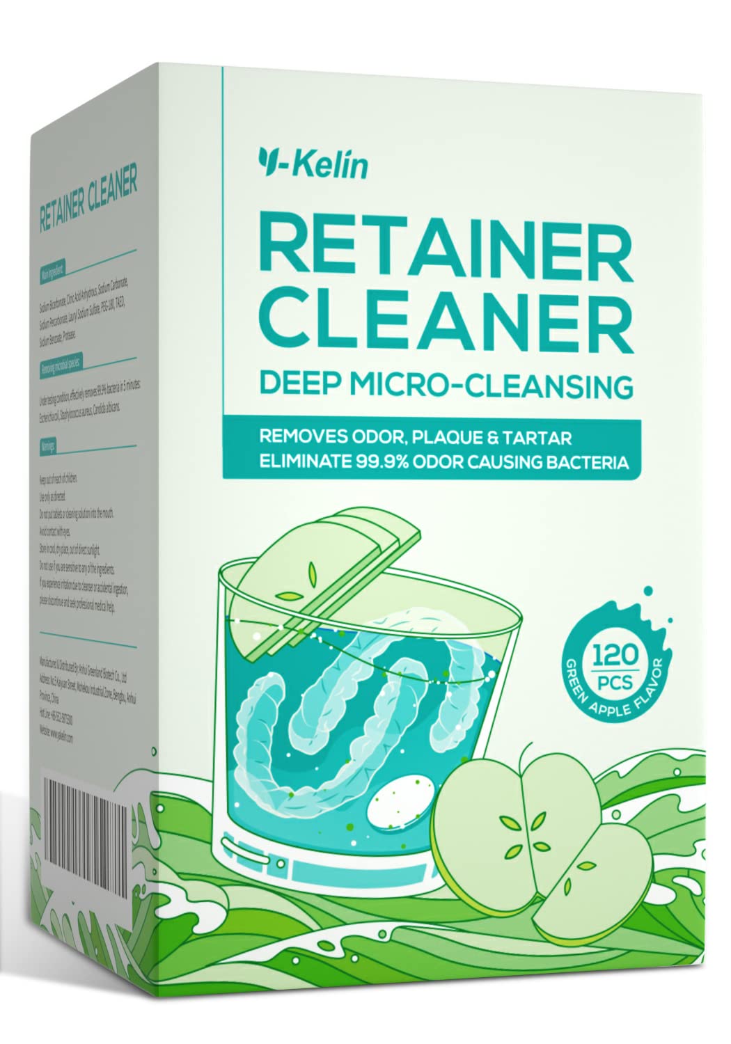 Y-Kelin Retainer and Denture Cleaner 120 Tablets for 4 Months Removes Stains Plaque Odors for Dentures Retainers Mouth Guard and Removable Dental Appliances (Apple, 120 PCS)