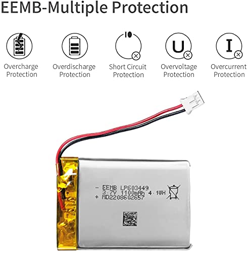 EEMB Lithium Polymer Battery 3.7V 1100mAh 603449 Lipo Rechargeable Battery with Wire JST 2.0mm Connector for Speaker and Wireless Device- Confirm Device & Connector Polarity Before Purchase