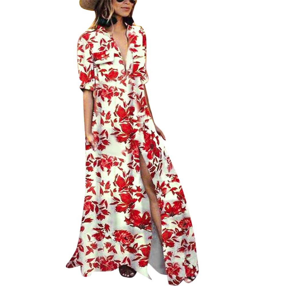 F_Gotal Womens Bohemian Printed Loose Button Stripe Roll Up Sleeve Maxi Dress with Pockets Beach Sundress Party Cocktail
