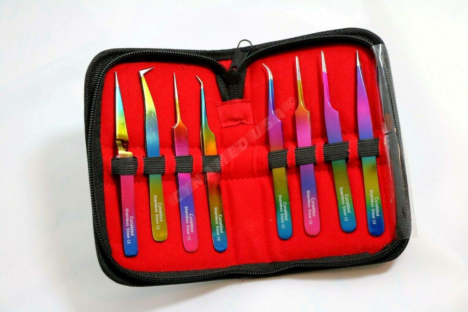Cynamed -Set of 8 pcs High Precision Multi Rainbow Color German Stainless Steel 3D 5D 6D Volume False Eyelash Extension Tweezers