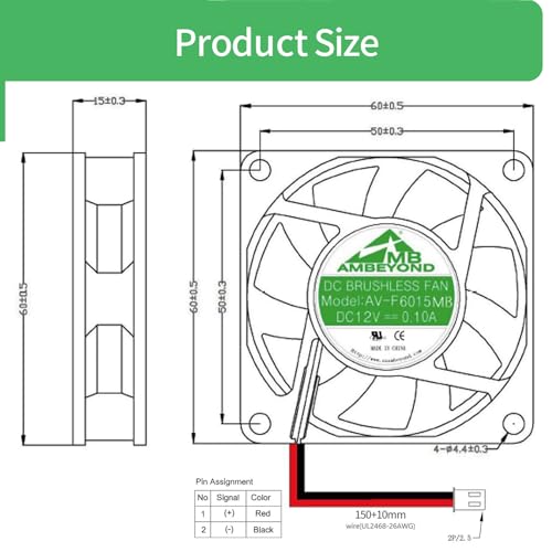 60mm by 60mm by 15mm 6015 12V DC 0.10A Ball Bearing Brushless Cooling Fan 2pin AV-F6015MB UL TUV