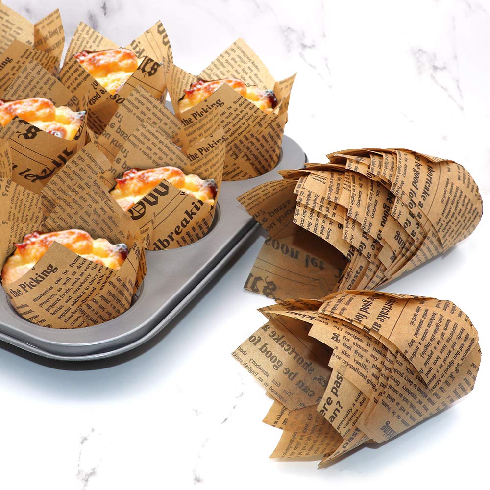 150pcs Tulip Cupcake Liners Baking Cups Muffin Liner Grease-Proof Paper Cupcake Wrappers for Wedding, Birthday Party, Standard Size (Natural Newspaper Printed)